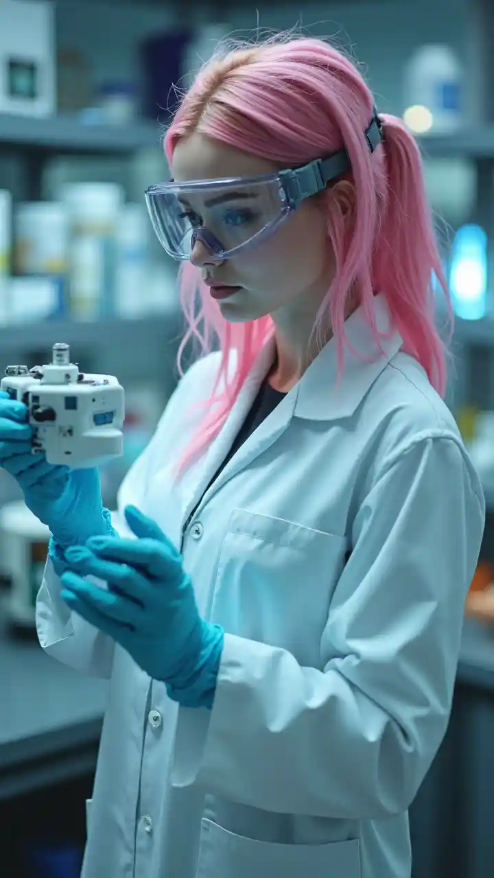 Científica innovadora con cabello rosado en un laboratorio