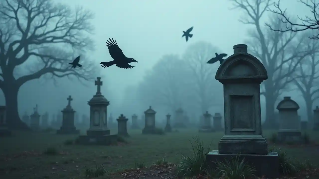 Mysterious Flight of Ravens Over Foggy Cemetery