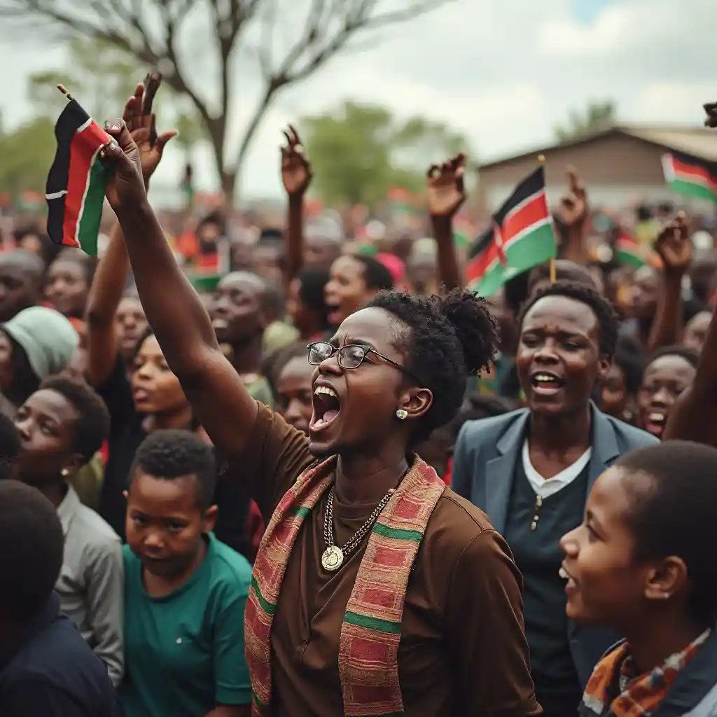 Vibrant Animated Crowd Waves Kenyan Flags at Polling Station