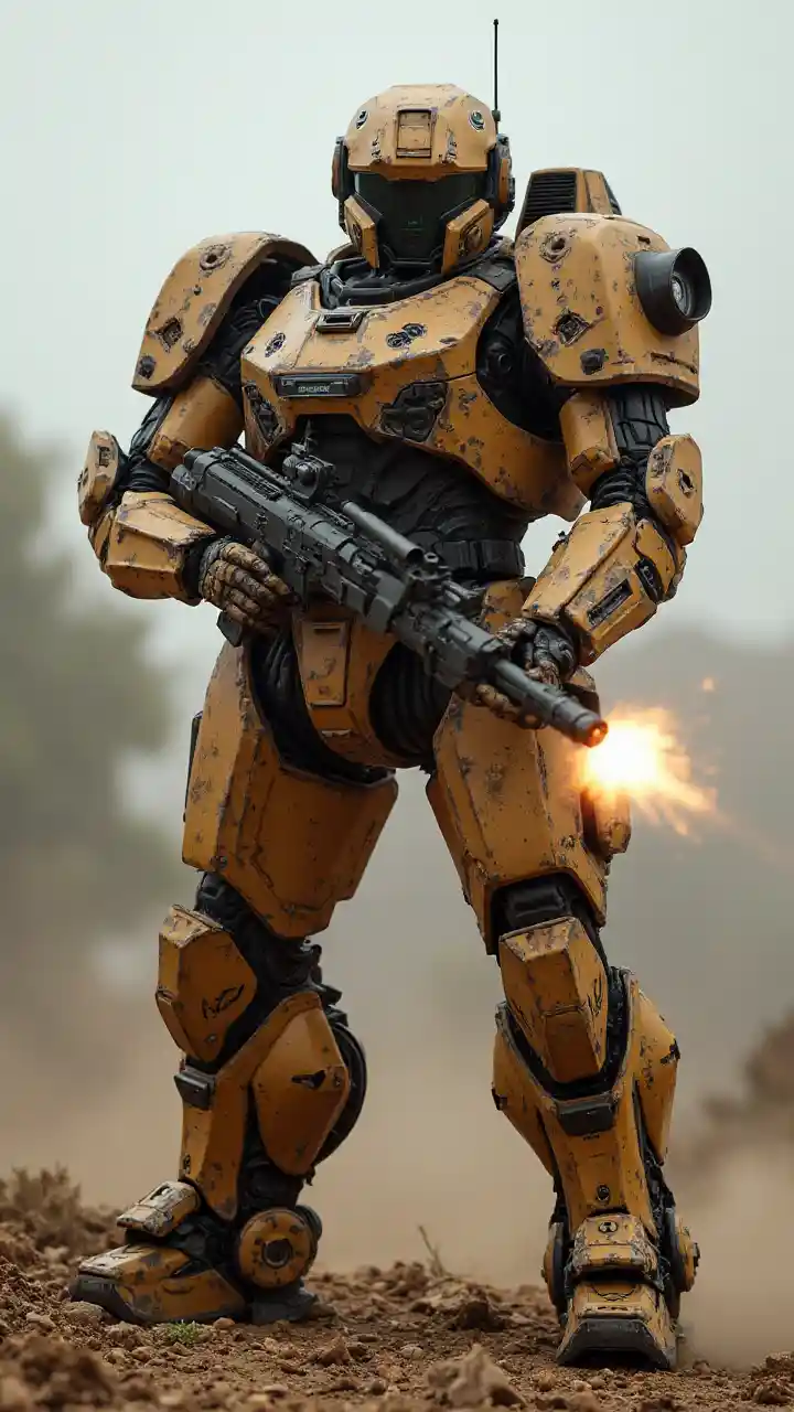 Advanced Mechanized Suit with Camouflage Armor Firing Machine Gun