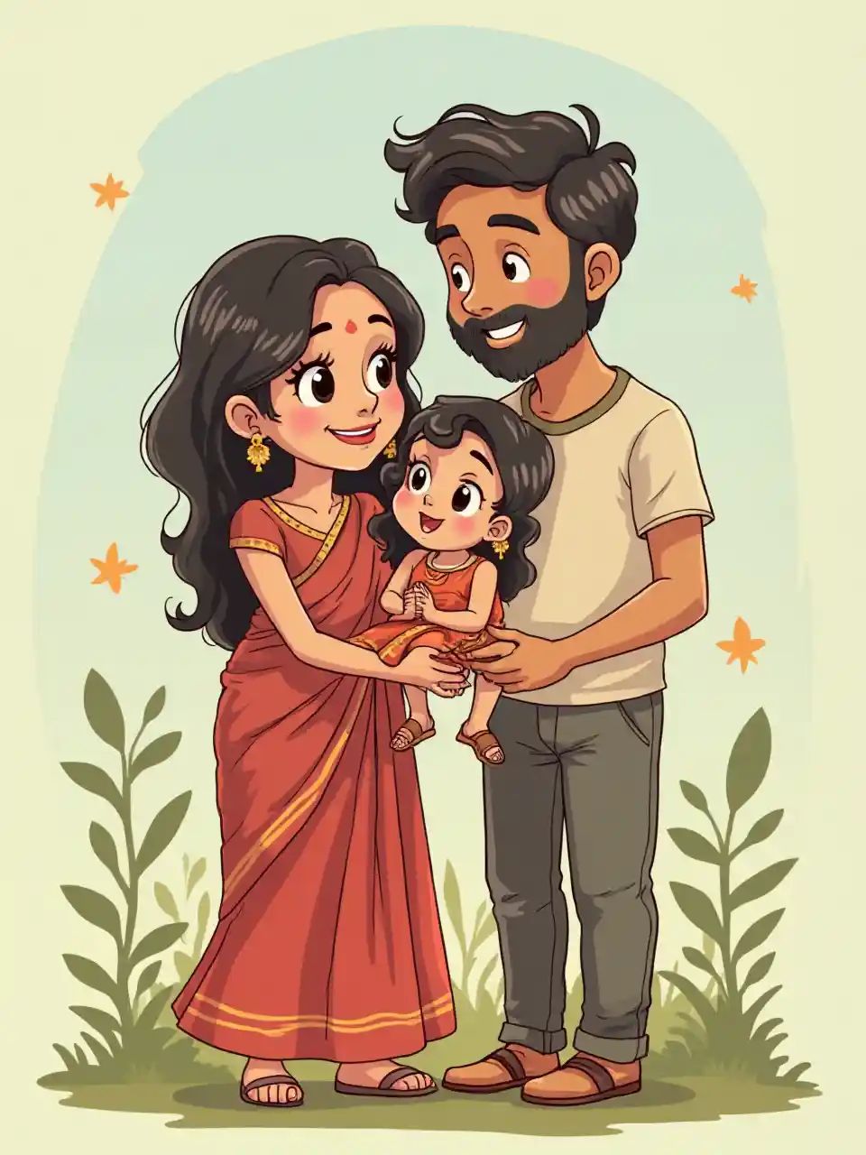 A Charming Indian Family Cartoon Featuring Mom, Dad, and Daughter