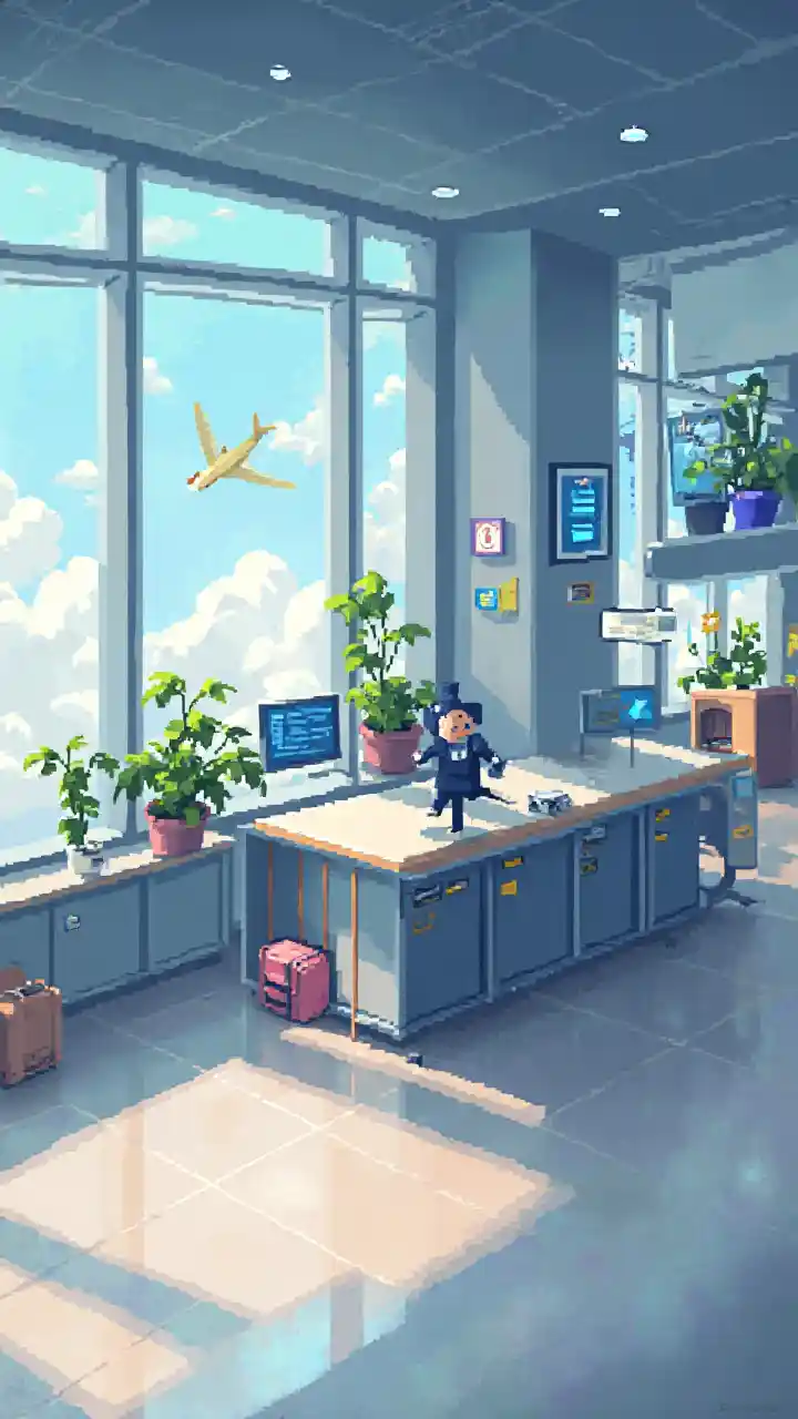Creative Airport Gate Desk Rendered in 2.5D Pixel Art Style
