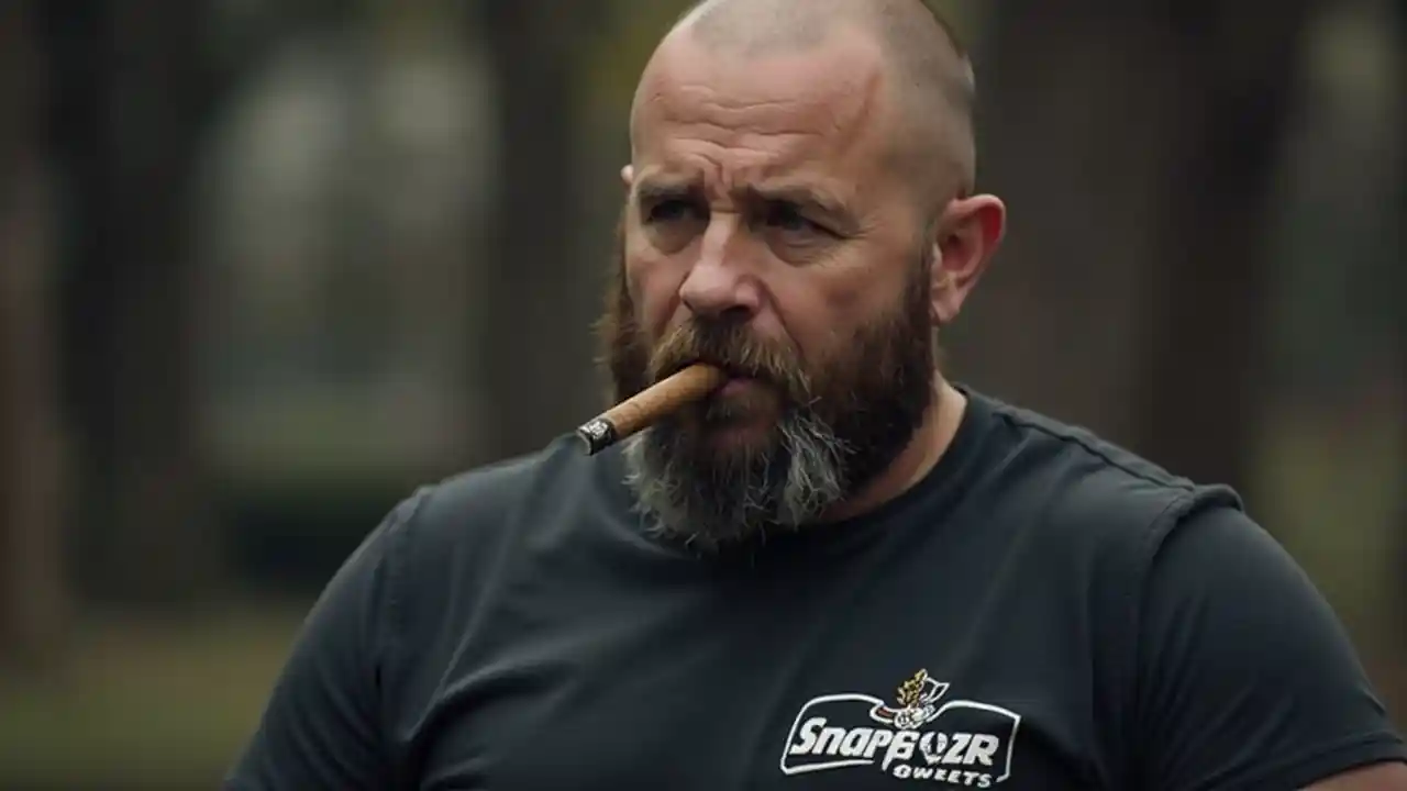 A Bald Man Smoking Cigar with Snap-on Shirt