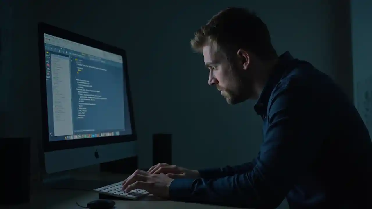 A Depressed Man Typing Alone at His Dark Desk