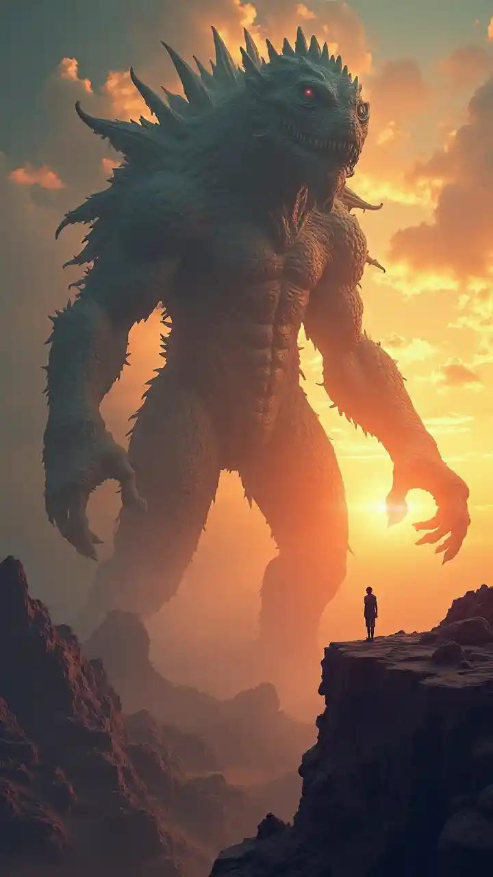 Giant Cosmic Monster Overlooks Landscape at Sunset