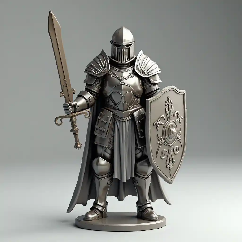 Fantasía Paladín Miniatura en 3D Render con Espada y Escudo