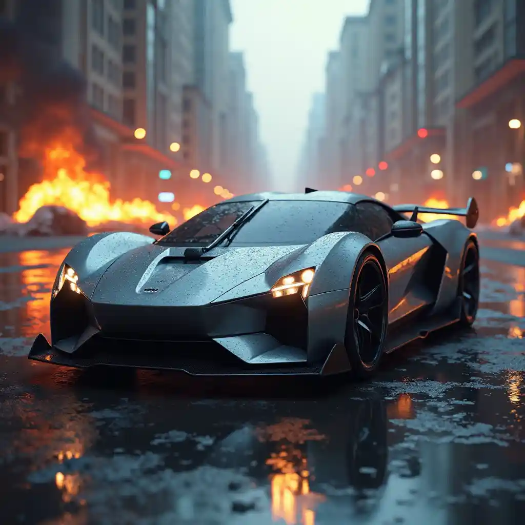 Futuristic Muscle Car in a Post-Apocalyptic Cityscape