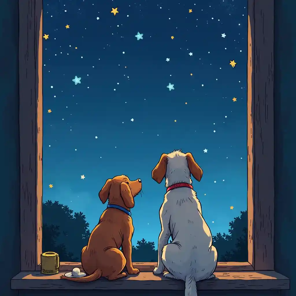 Two Dogs Gazing at a Starry Night Sky Through a Window