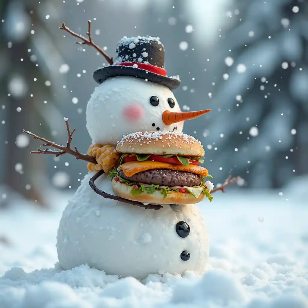 A Cheerful Snowman Relishing a Burger in Winter