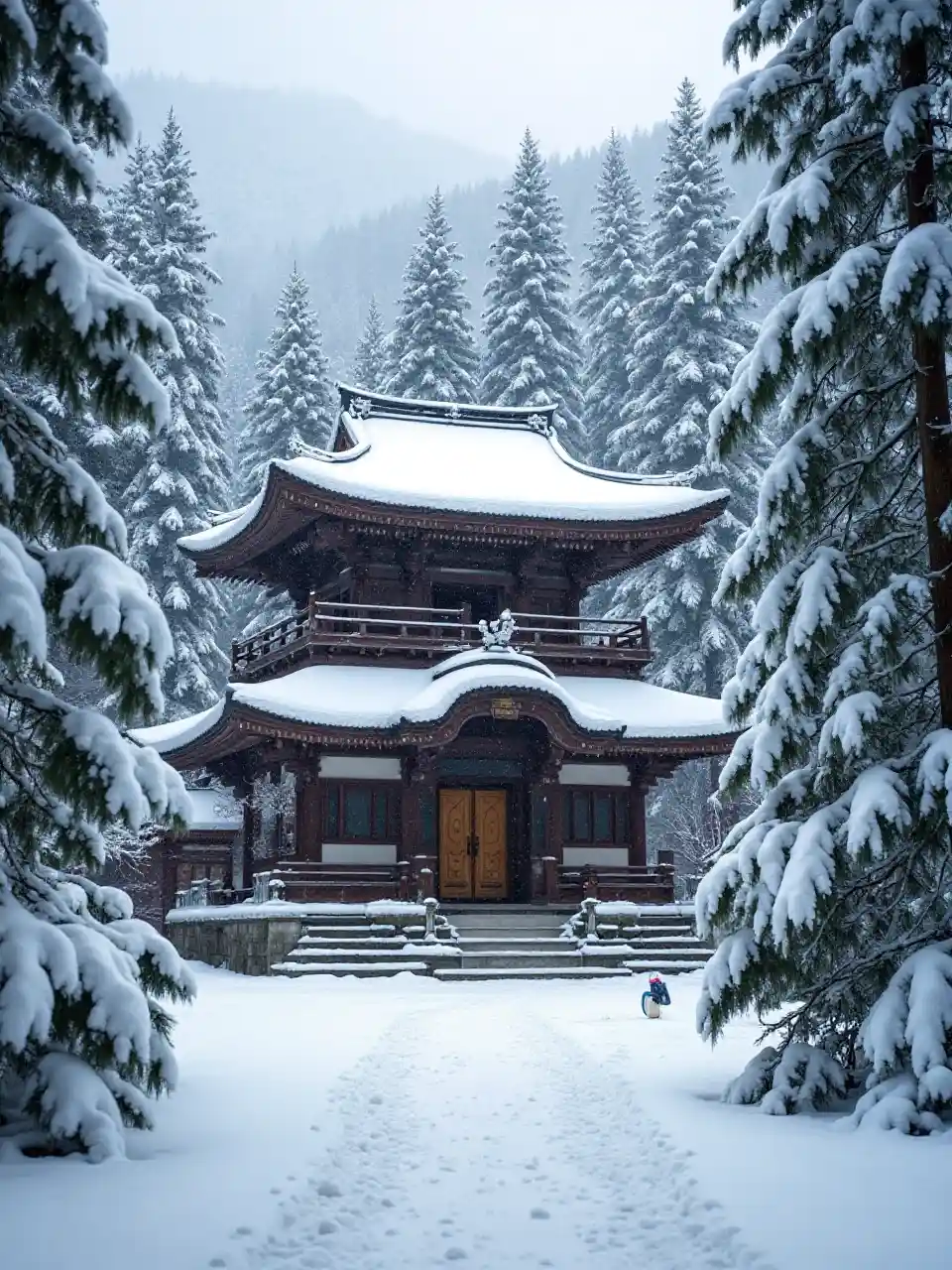 A Serene Snow-Covered Temple in Japanese Forests