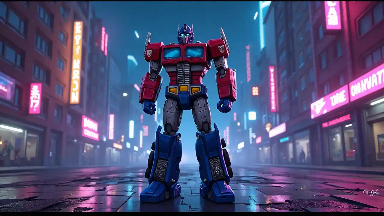 Optimus Prime in a Neon-Lit Cyberpunk Environment