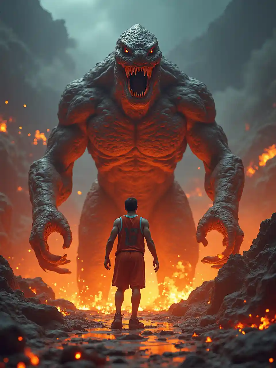 Basketball Player Confronts a Lava Monster in Stadium