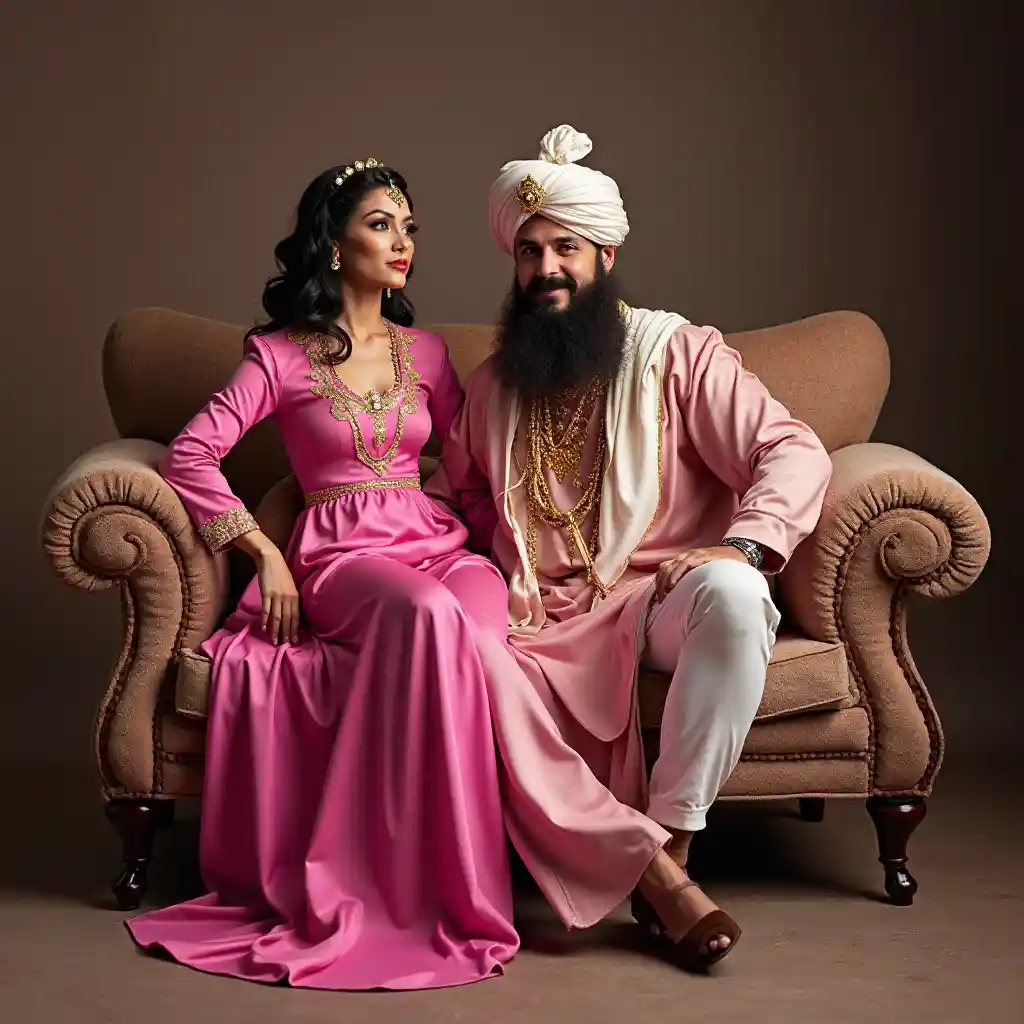 A Woman in a Pink Genie Costume with a Sultan on Couch