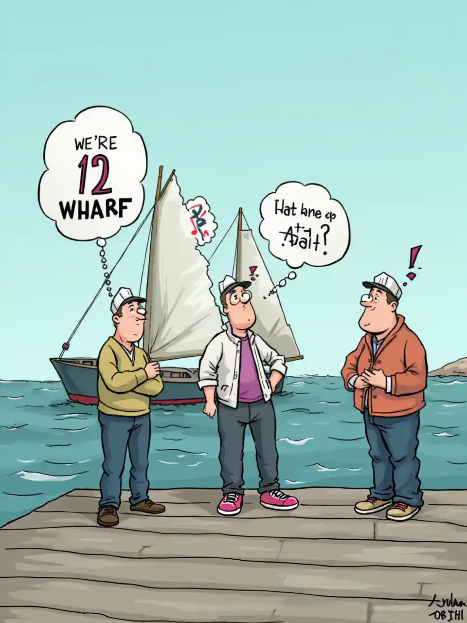 Confused Sailors Standing at Jetty Near Wharf Sign