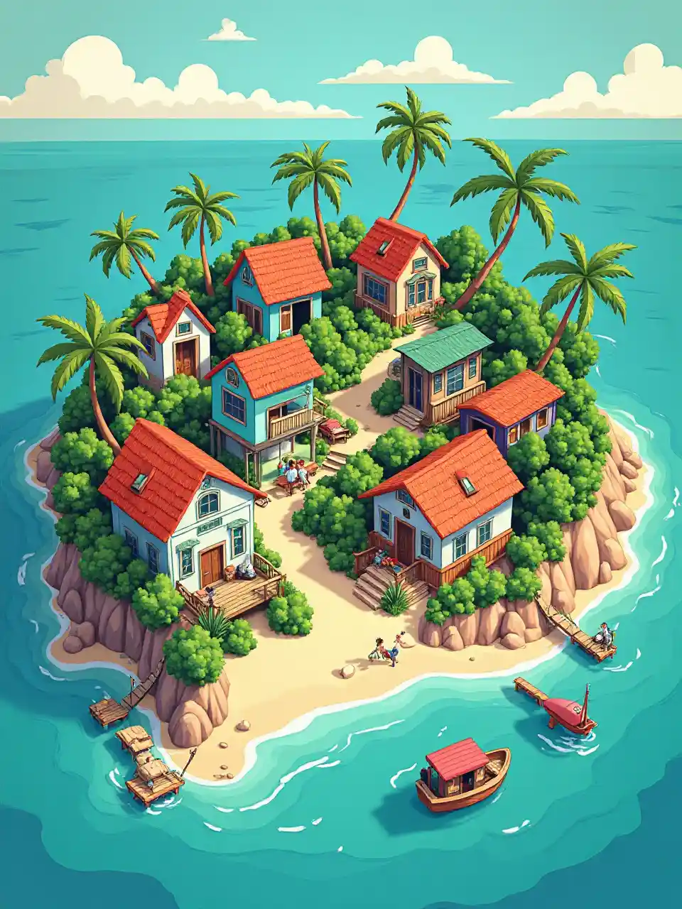 Vibrant Tropical Island Village Illustration with Colorful Homes