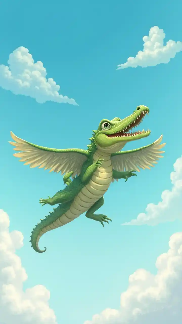 A Crocodile Takes Flight with Airplane Wings in the Sky