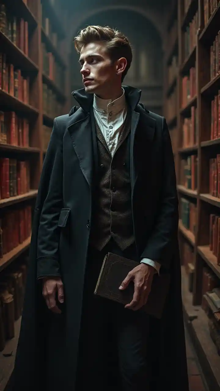 The Enigmatic Vampire Amidst Ancient Tomes in a Gothic Library
