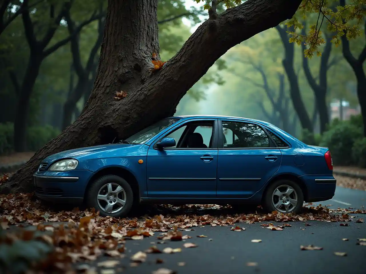 A Hyper-Realistic Depiction of a Crashed Blue Car