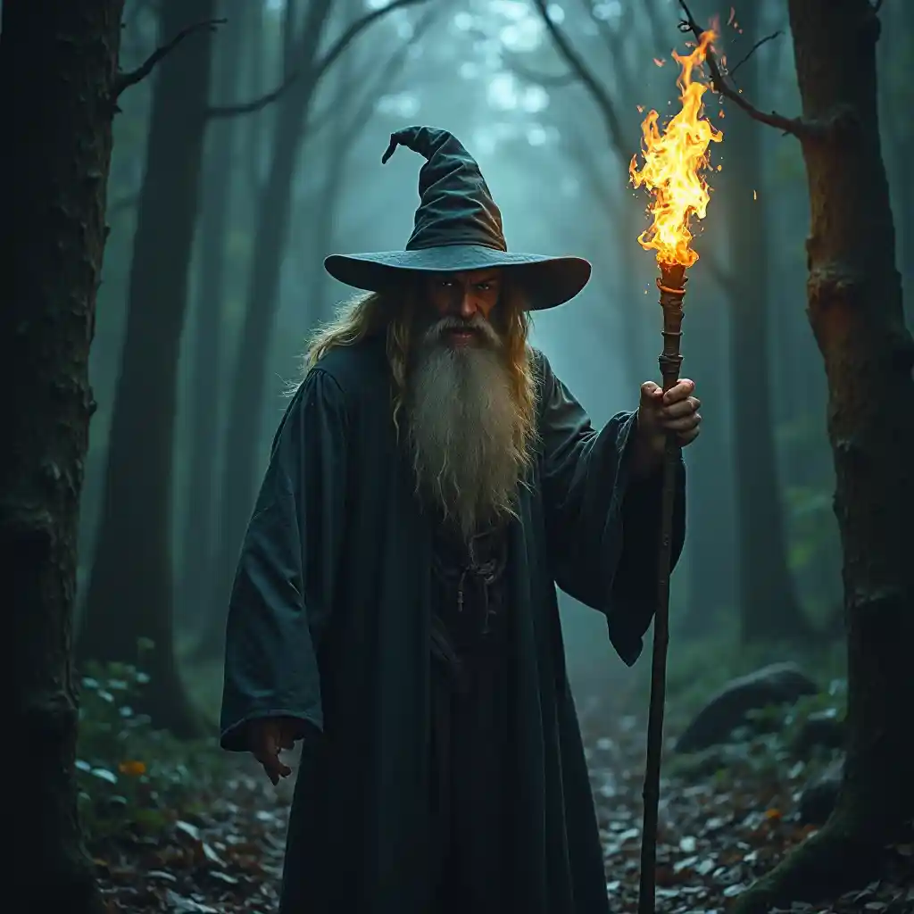 The Angry Wizard in the Dark Forest Holding a Glowing Staff