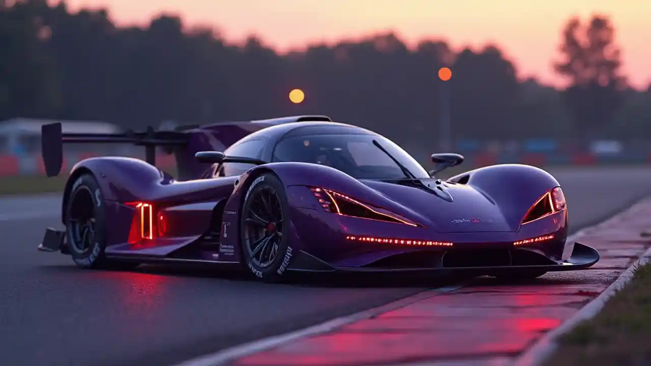 Aerodynamic Purple Le Mans-Style Race Car on Track at Dusk