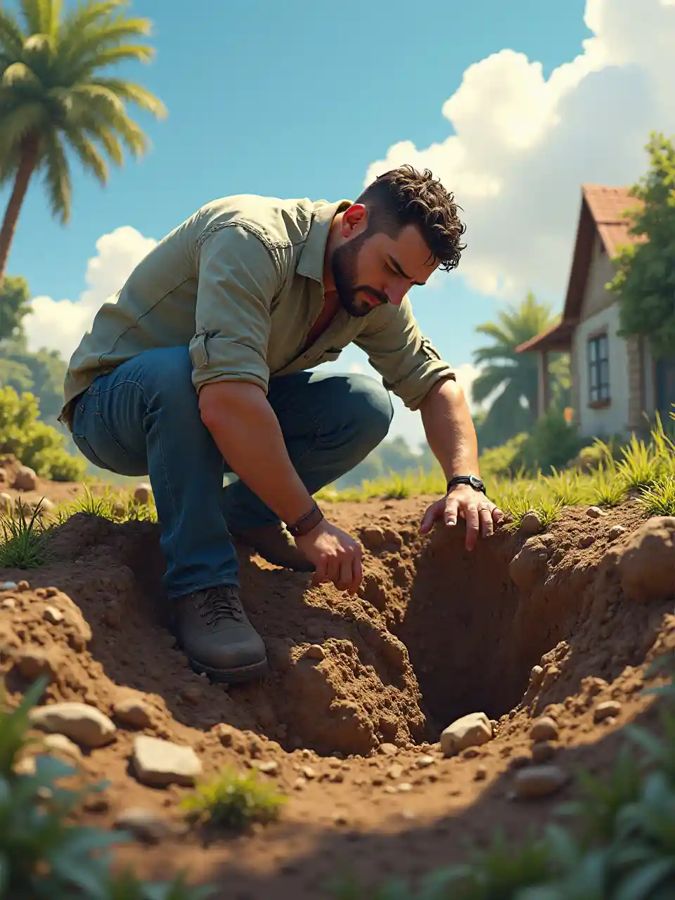 A Sunny Day of Digging Near the House Foundation