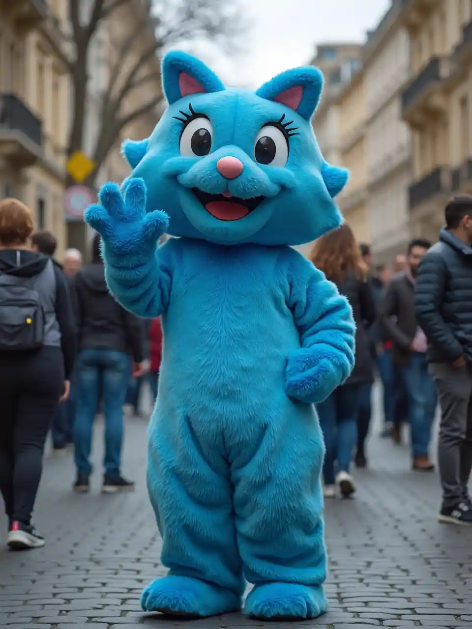 Crowd Encounters a Person in Blue Cat Mascot Costume