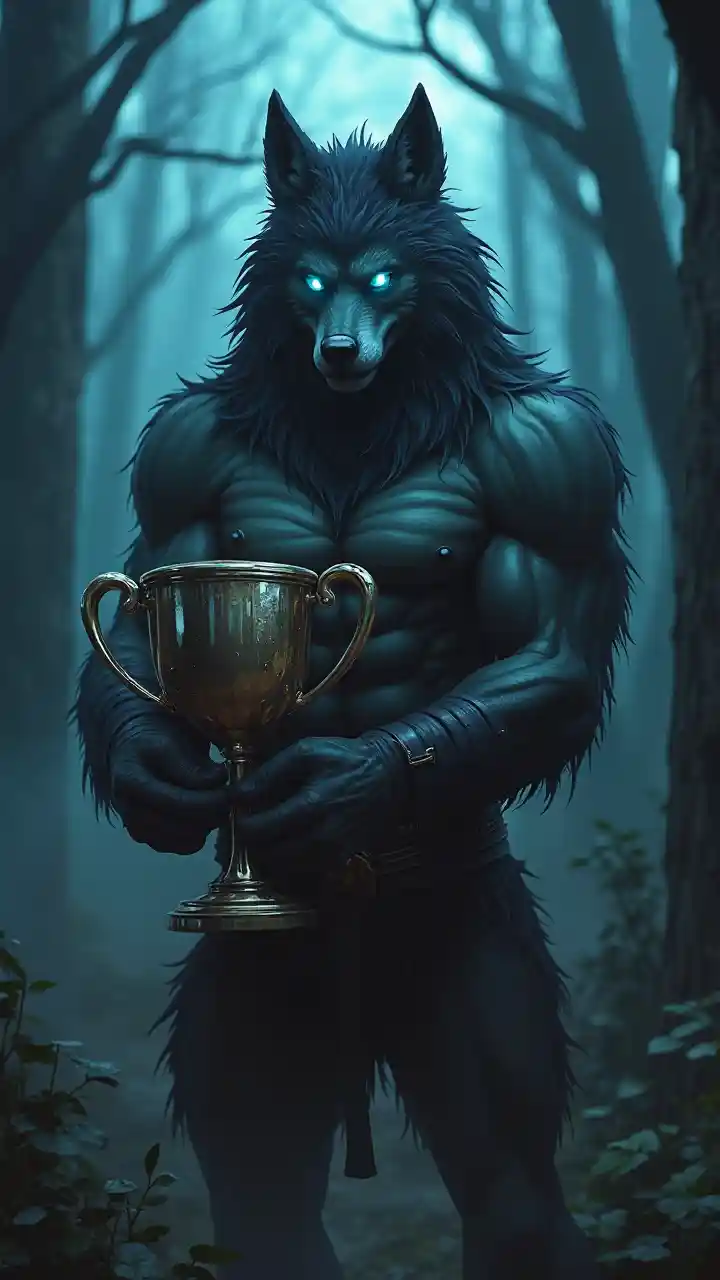 The Glowing Blue-Eyed Werewolf in the Dark Forest