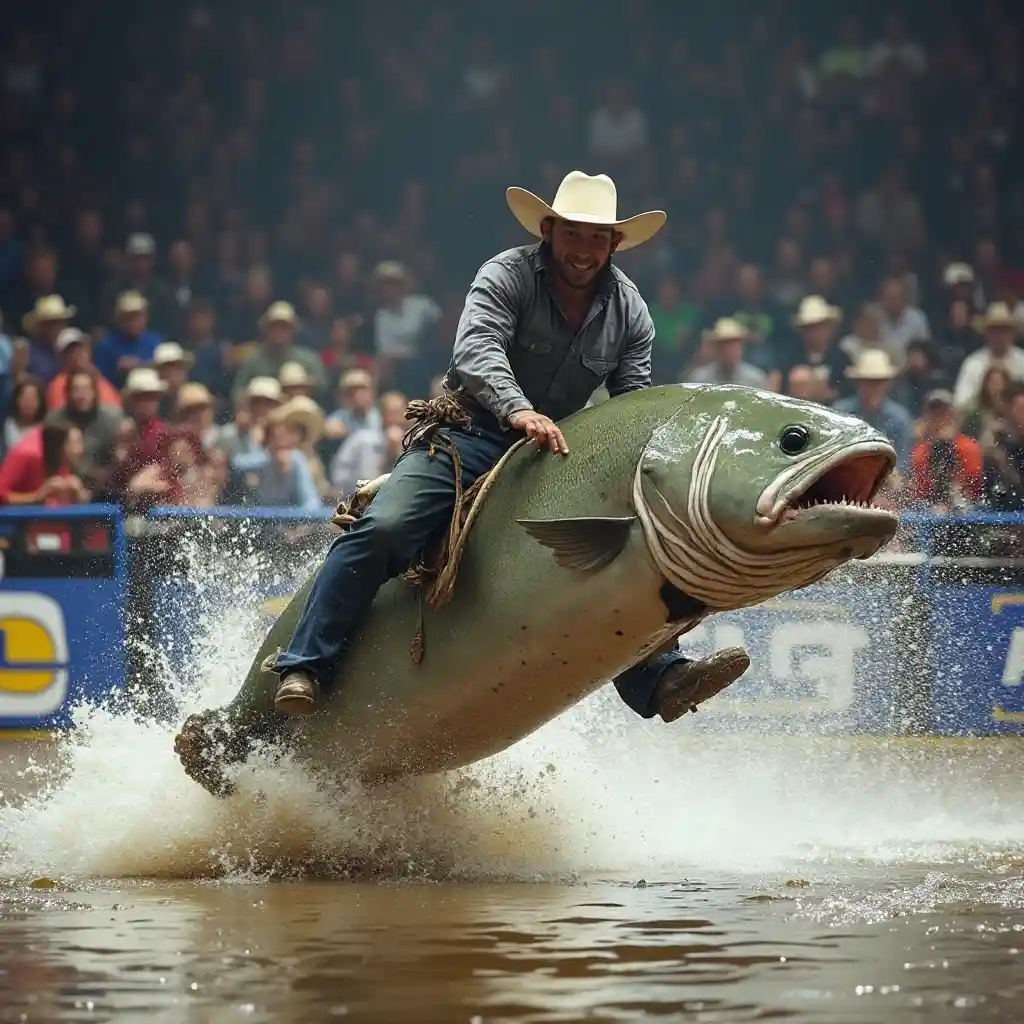 Spectacular Rodeo: Cowboy Rides Giant Fish in Arena