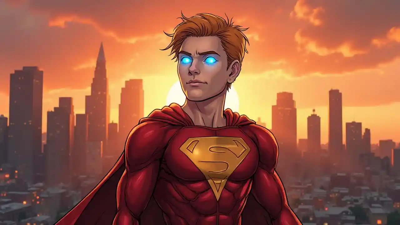 Ginger Superhero with Glowing Blue Eyes in Comic Style