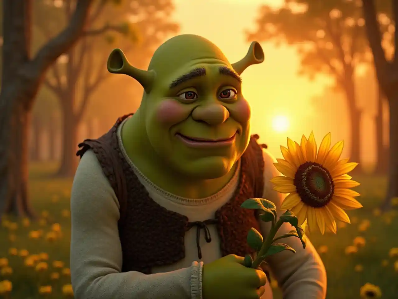Shrek's Emotional Moment with a Sunflower at Sunset