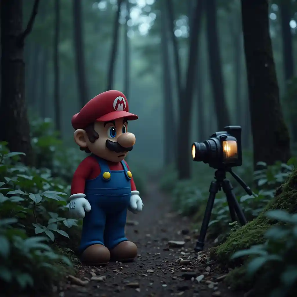Surprised Mario Discovers Trail Camera in Dark Forest