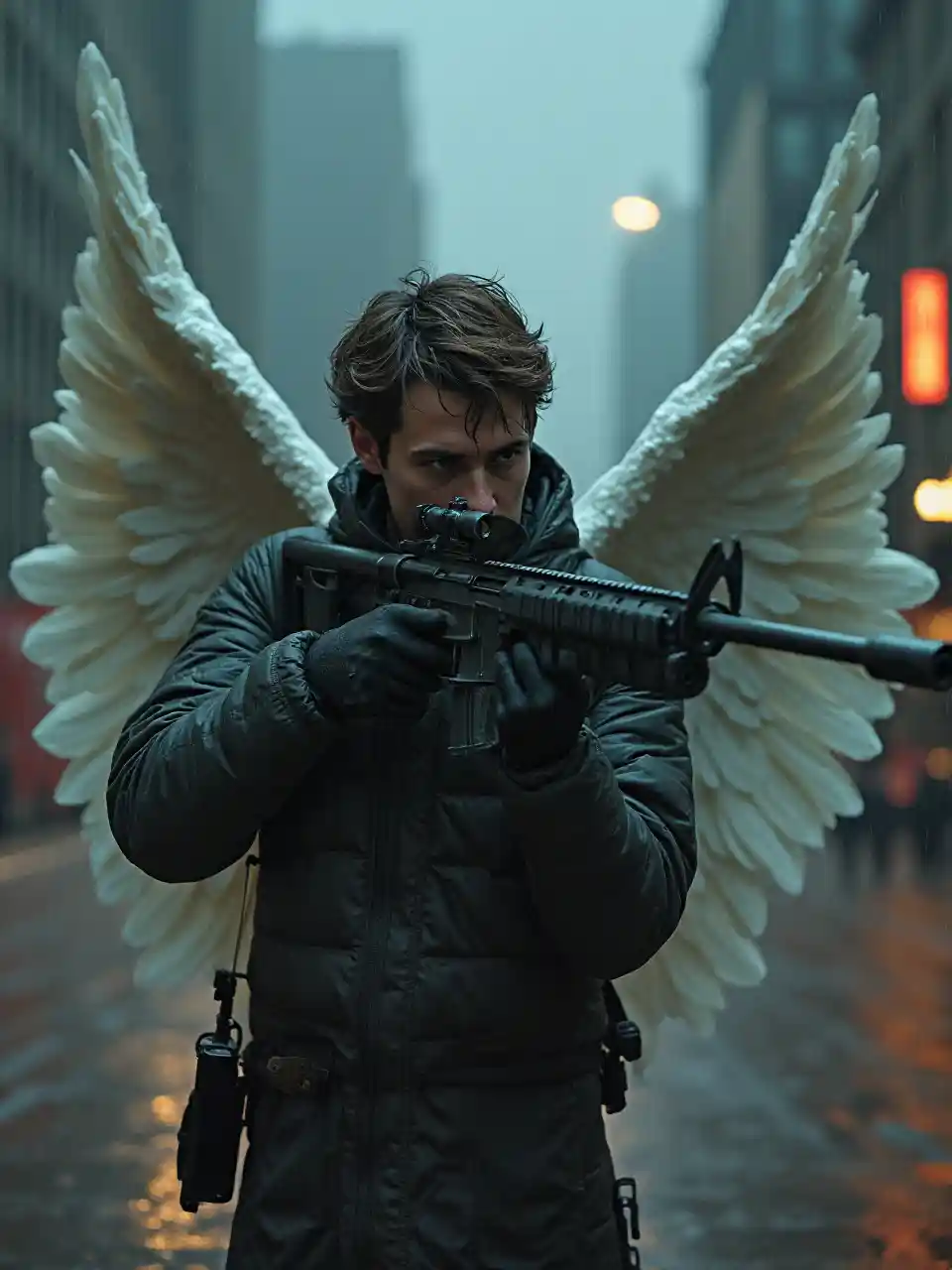 A Male Angel with Sniper Rifle in Rainy Noir City