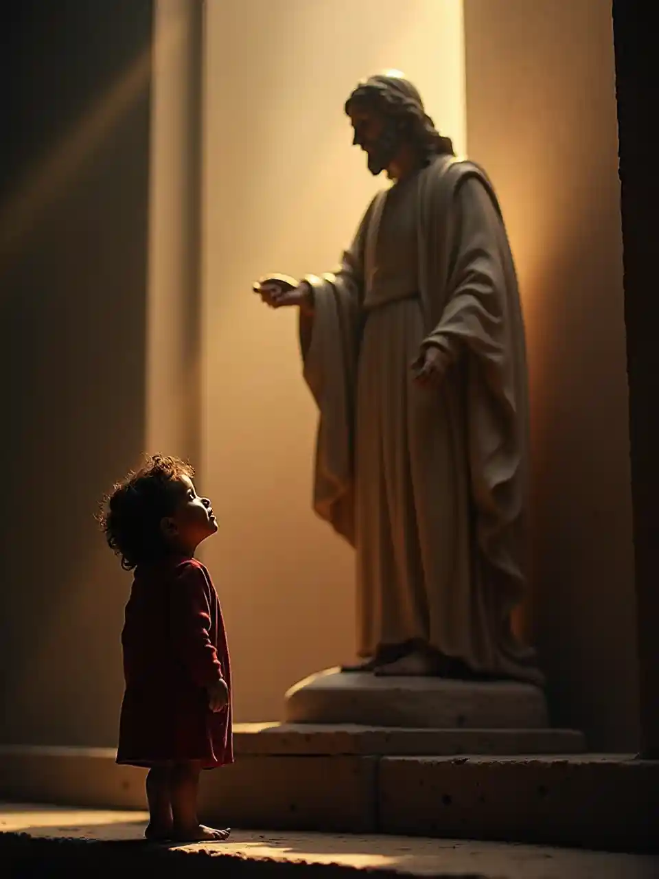 Child Gazes at Statue of Jesus Christ in Dramatic Lighting