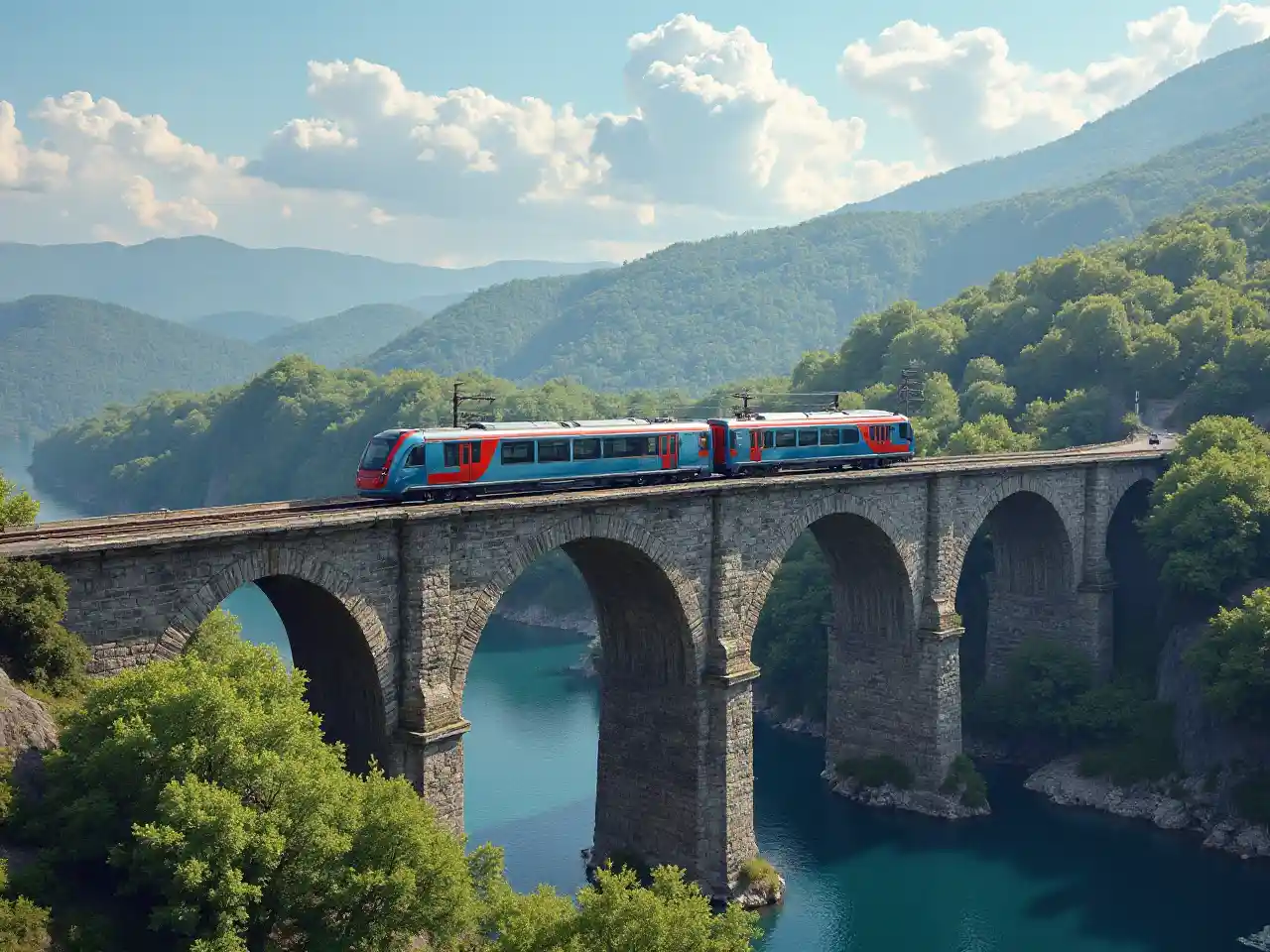 View of a Blue-Red Train on a Bridge