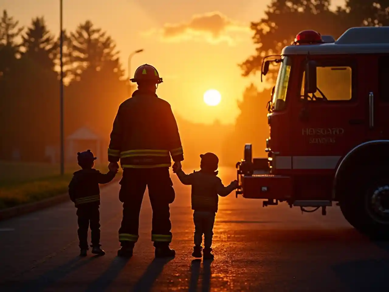 Heroic Firefighter and Children Against Sunset Background