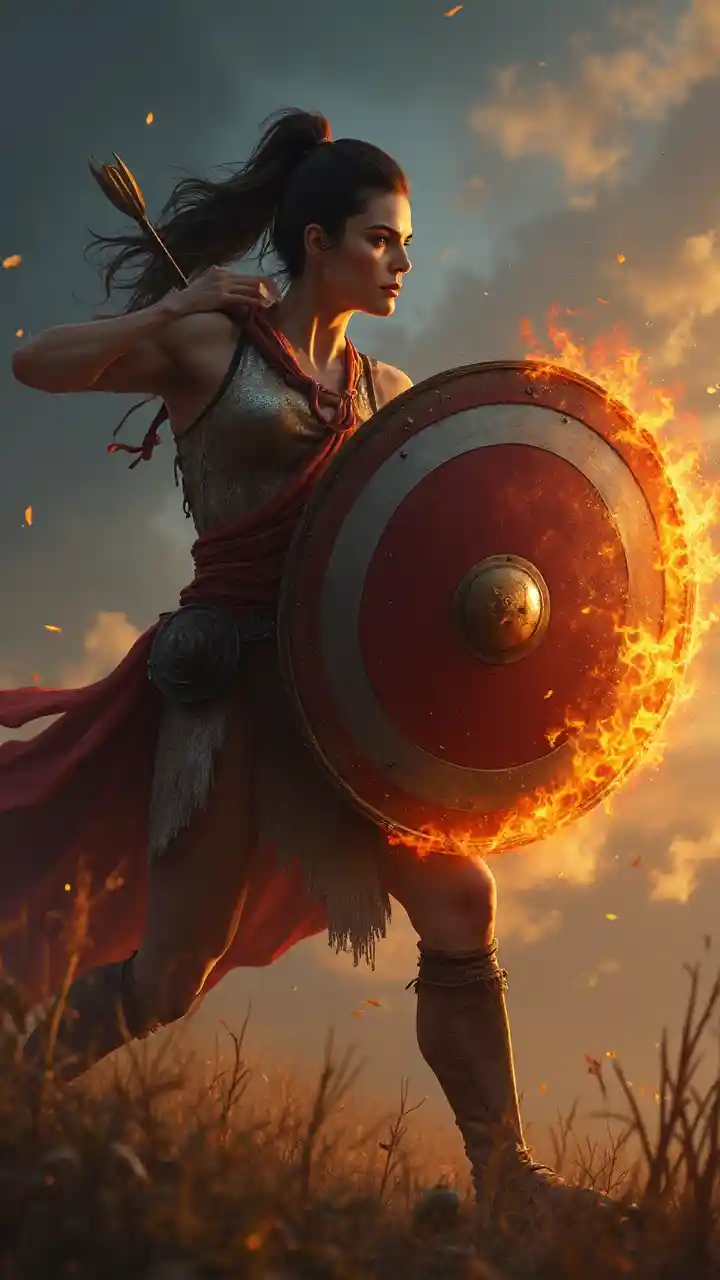 A Brave Woman Shielding Herself from Flaming Arrows