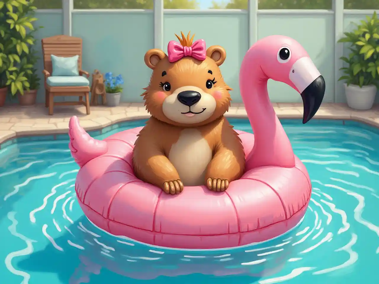 Capybara in a Pink Flamingo Float Pool Scene