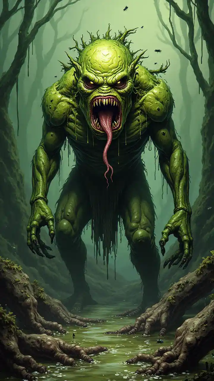 A Grotesque Green Monster in a Swampy Fantasy Scene