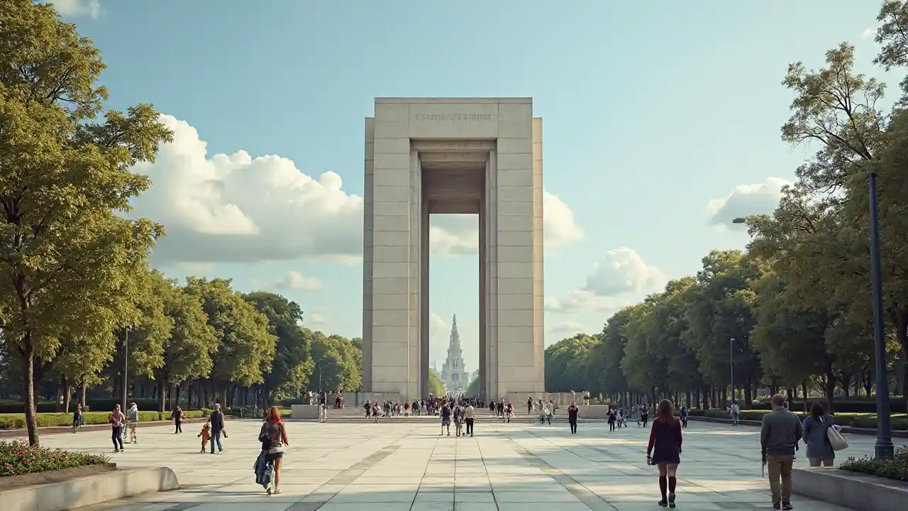 Visitors Enjoying the Rectangular Monument in the Park