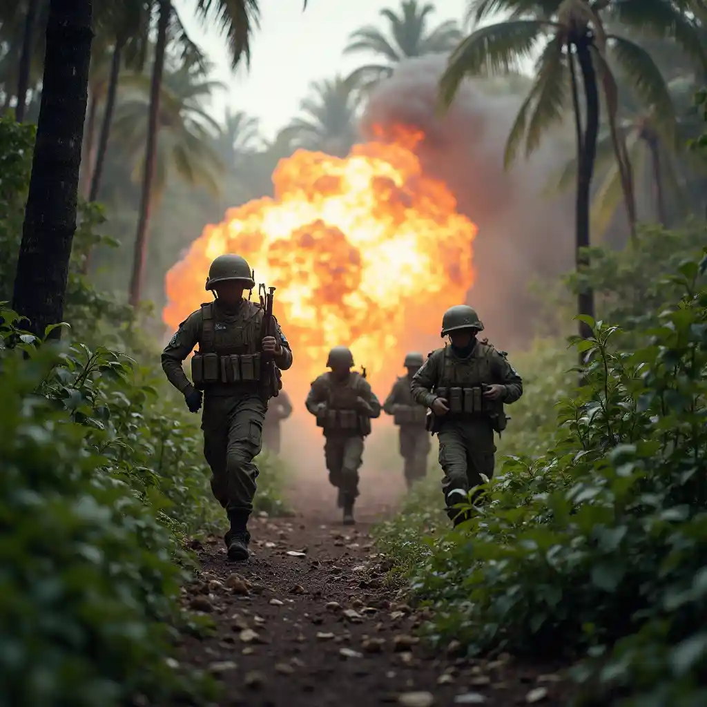Epic Battle Scene with Soldiers in a Jungle Explosion