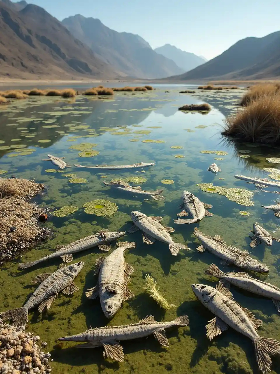 The Desolate Beauty of a Dry Lake with Algae Remnants