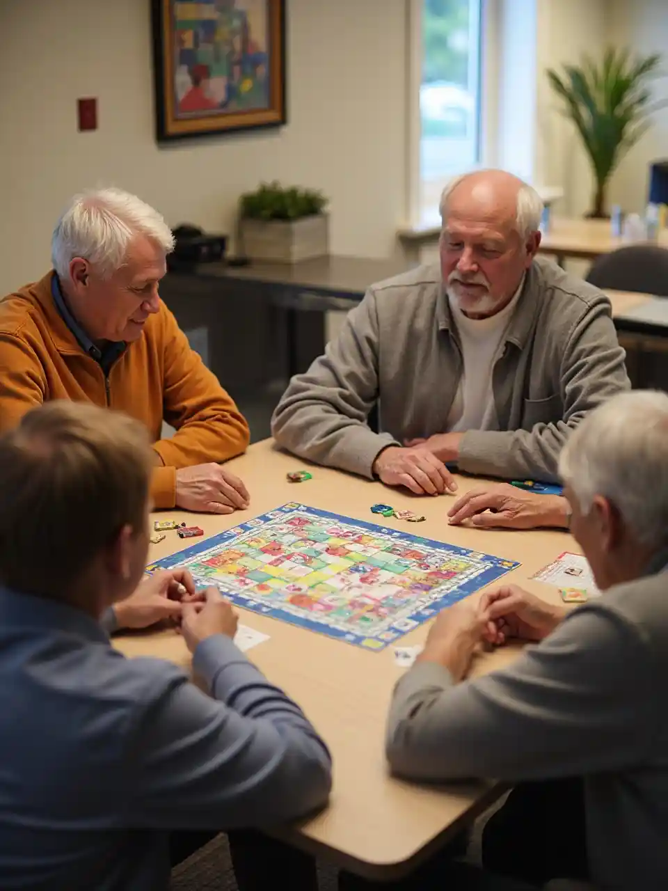 Four Seniors Engaged in a Fun Board Game Session