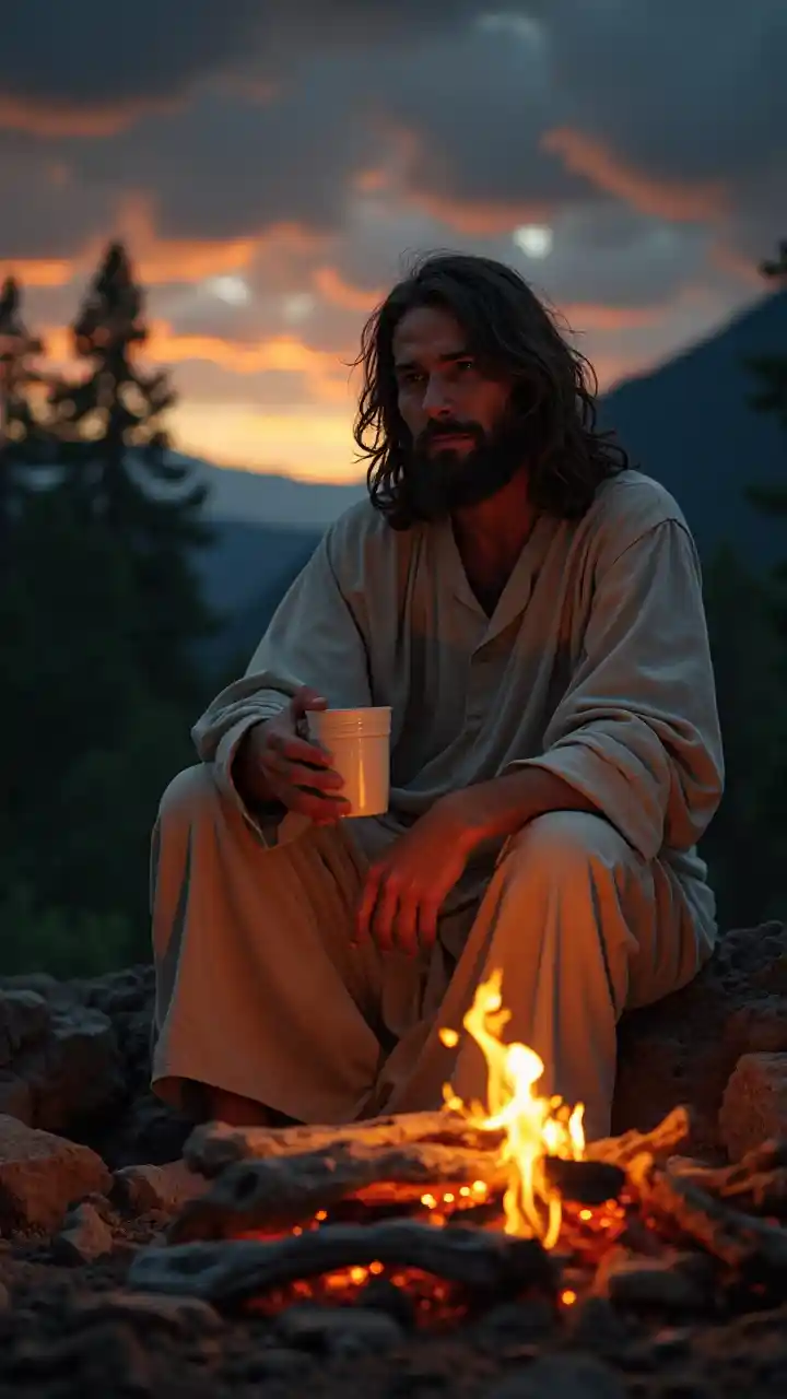Jesus Savoring Peaceful Moments by the Campfire