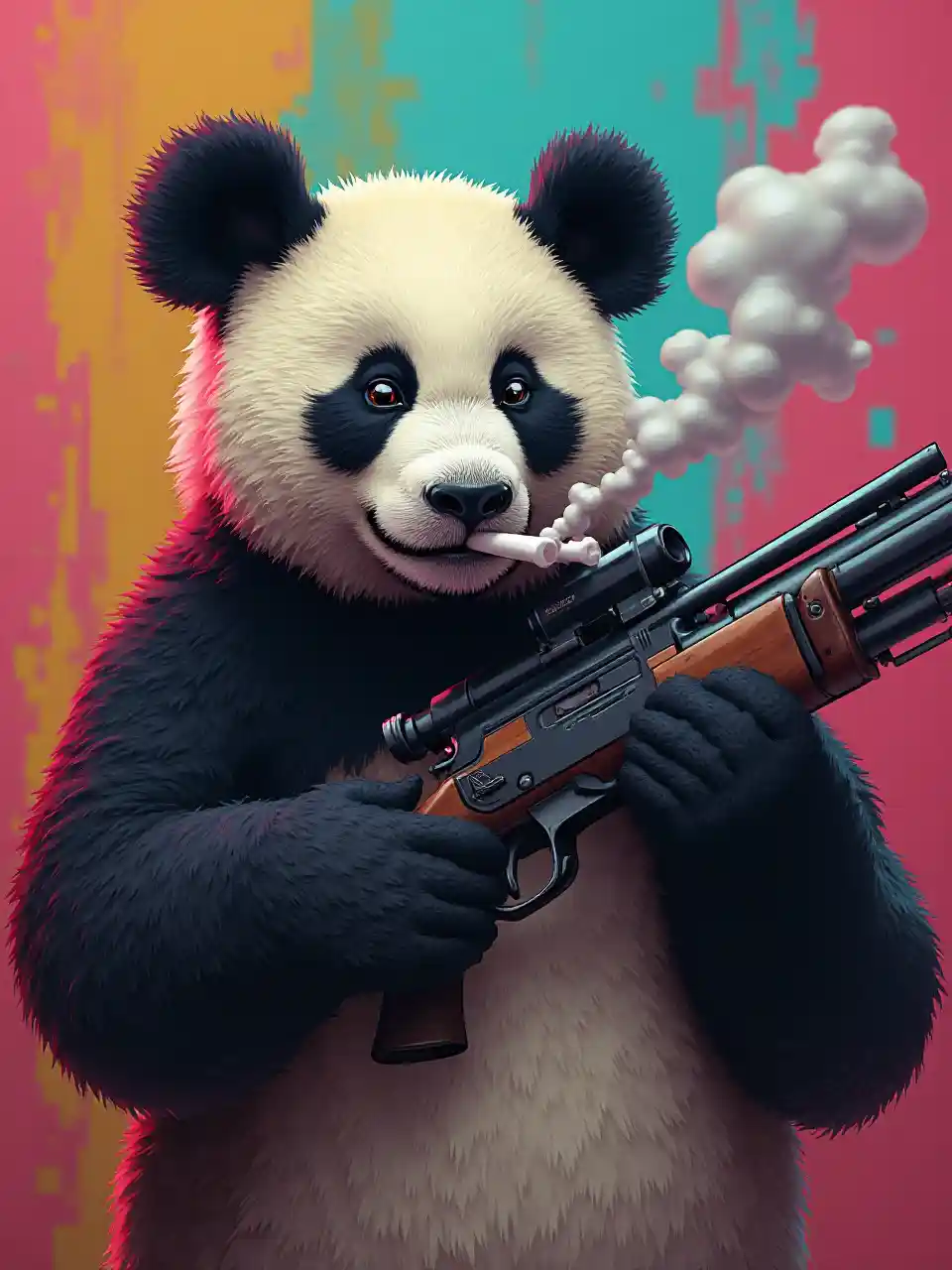 五彩斑斕世界裏帶着獵槍的熊貓