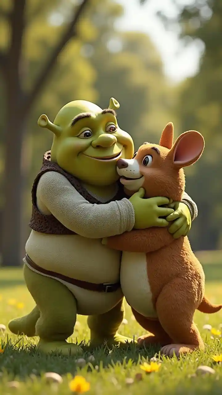Shrek and Chuck E. Cheese Share a Heartwarming Hug