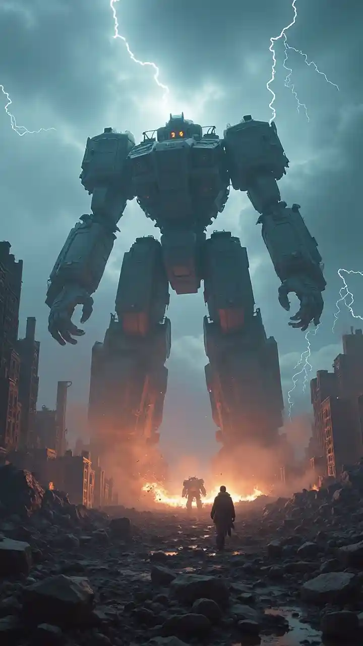 Giant Robots Invade a Ruined City Under Lightning