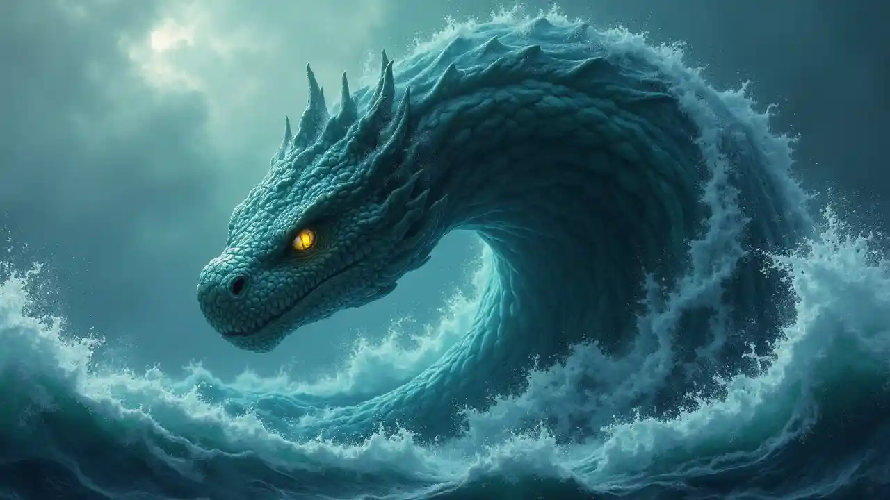 Titanic Serpent with Yellow Eyes in the Ocean Tempest