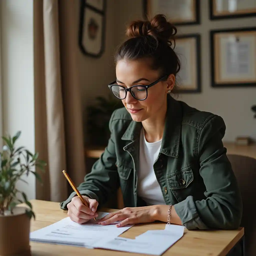 Una mujer que elabora una carta reflexiva en su escritorio