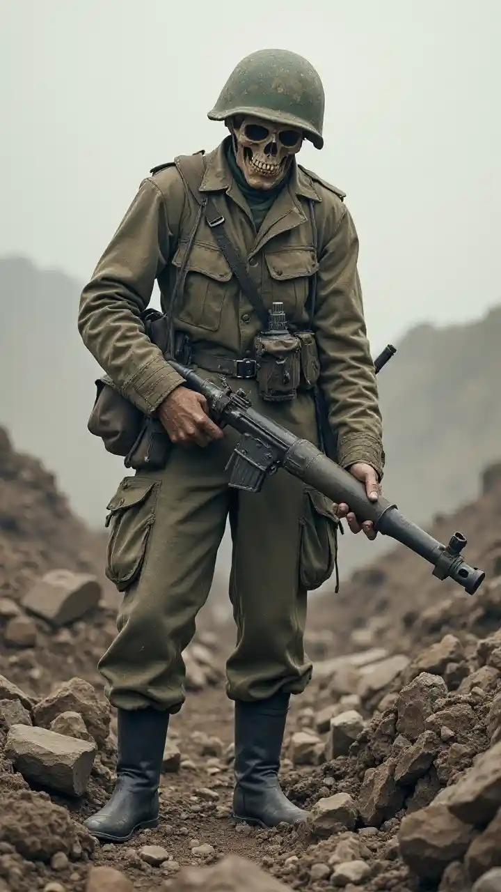 The Eerie Presence of a Skeletal Soldier in Battle