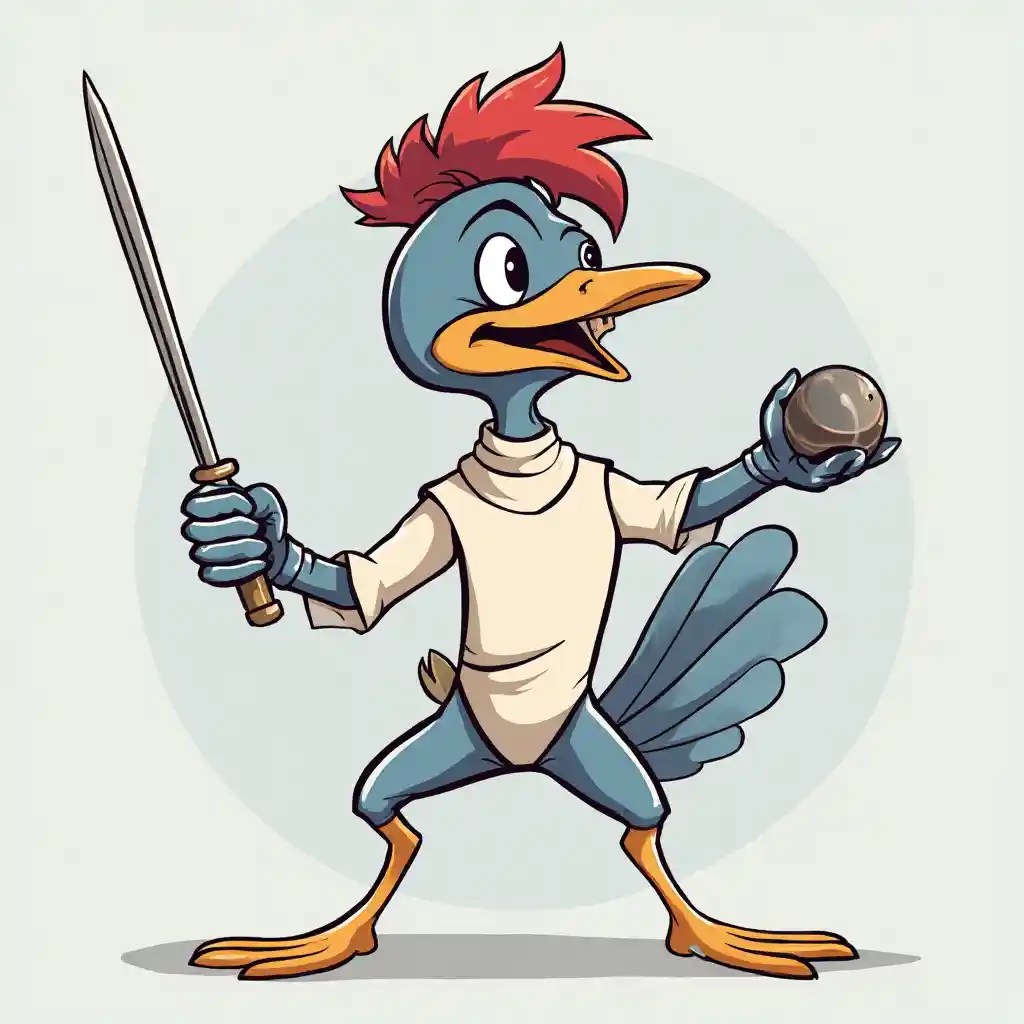 Cartoon Roadrunner Mascot Fencing with Foil and Ball
